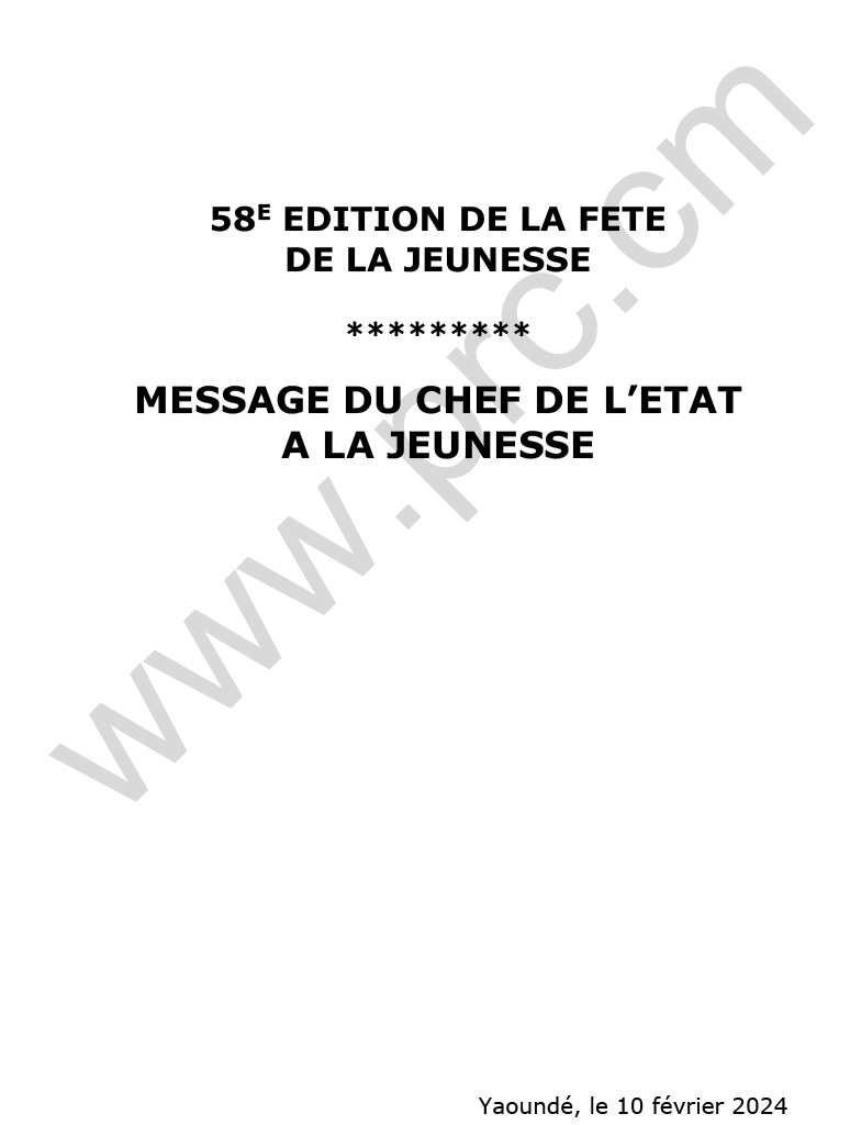 58E EDITION DE LA FETE DE LA JEUNESSE – MESSAGE DU CHEF DE L´ETAT A LA ... 58E EDITION DE LA FETE DE LA JEUNESSE – MESSAGE DU CHEF DE L´ETAT A LA ...